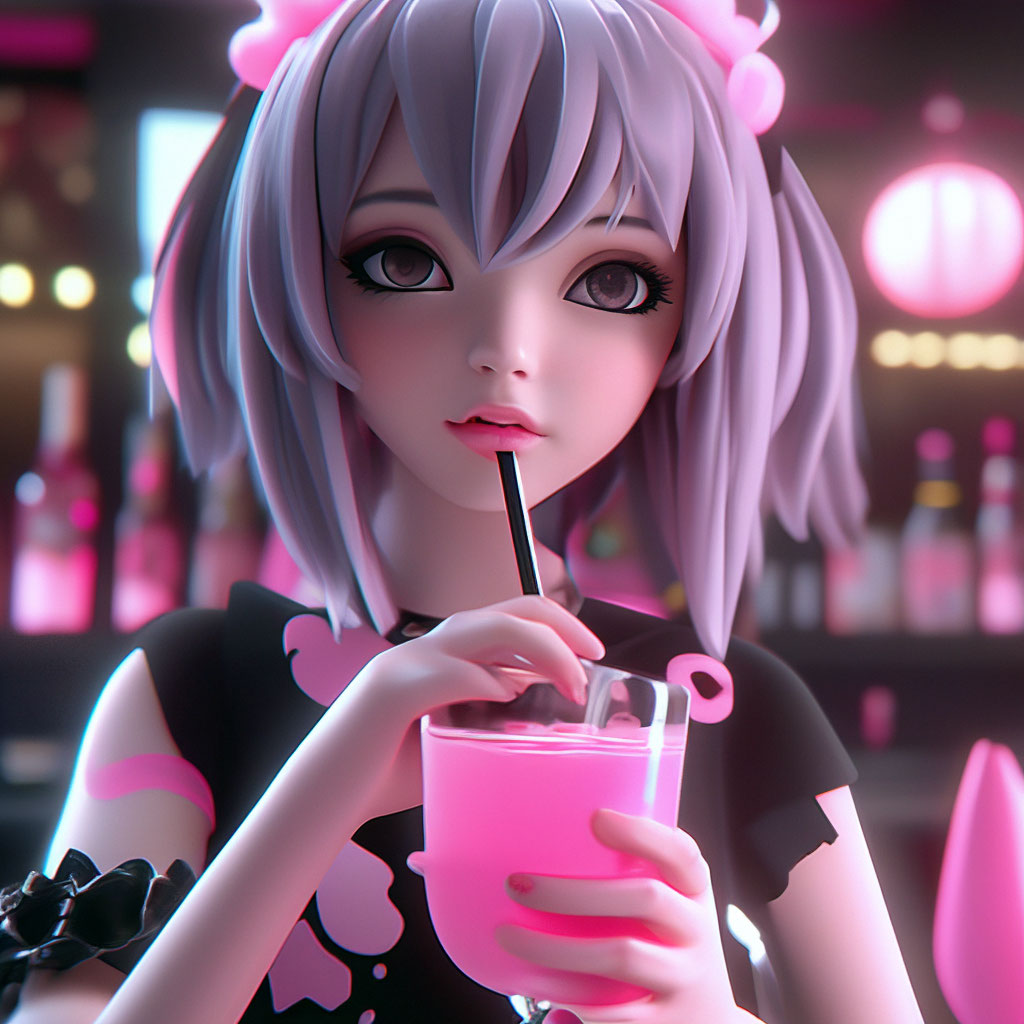 "Anime emo girl is very kawaii ,black and pink , drinking a pink ...