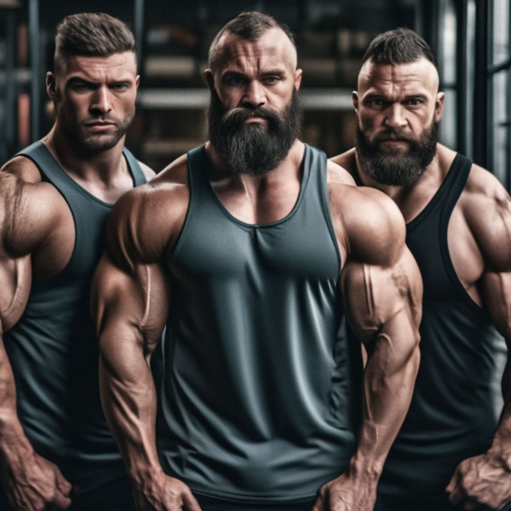 "Three heroes, power, strength, brutals, muscles, bodybuilders ...