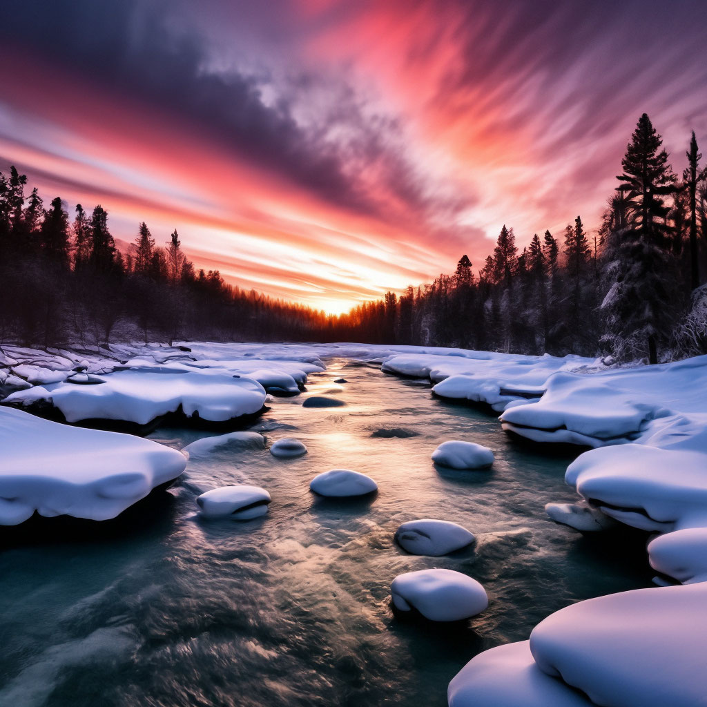 "Pink sunset, winter, a perfectly clear river flows, it is surrounded ...
