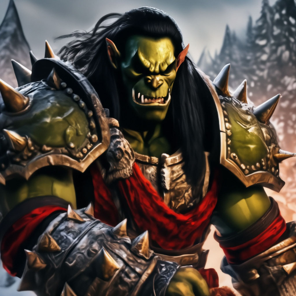 "Thrall is a mighty powerful green orc with fangs and long black braids ...