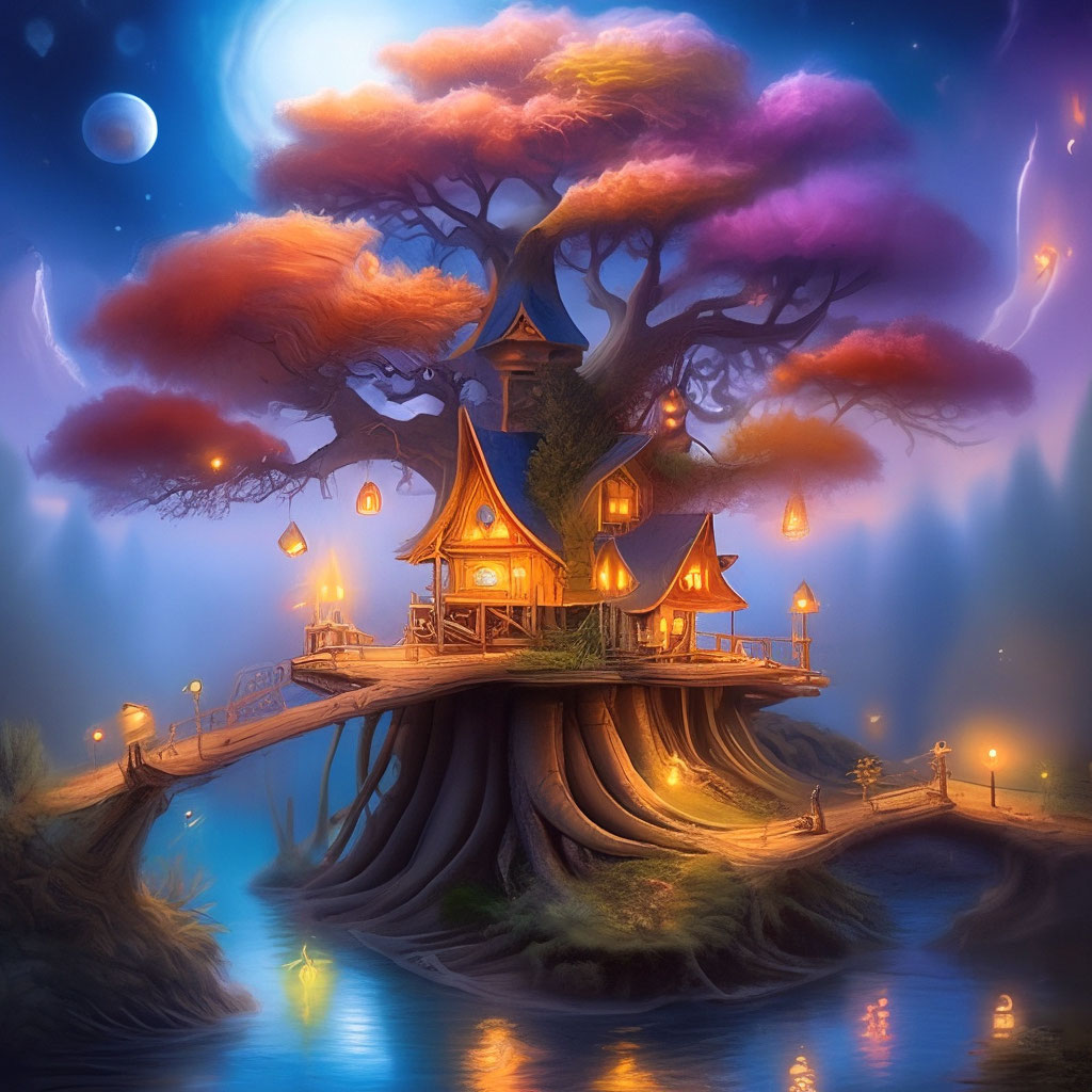 "A tall fairy-tale tree, on the trunk of which there are small magic ...