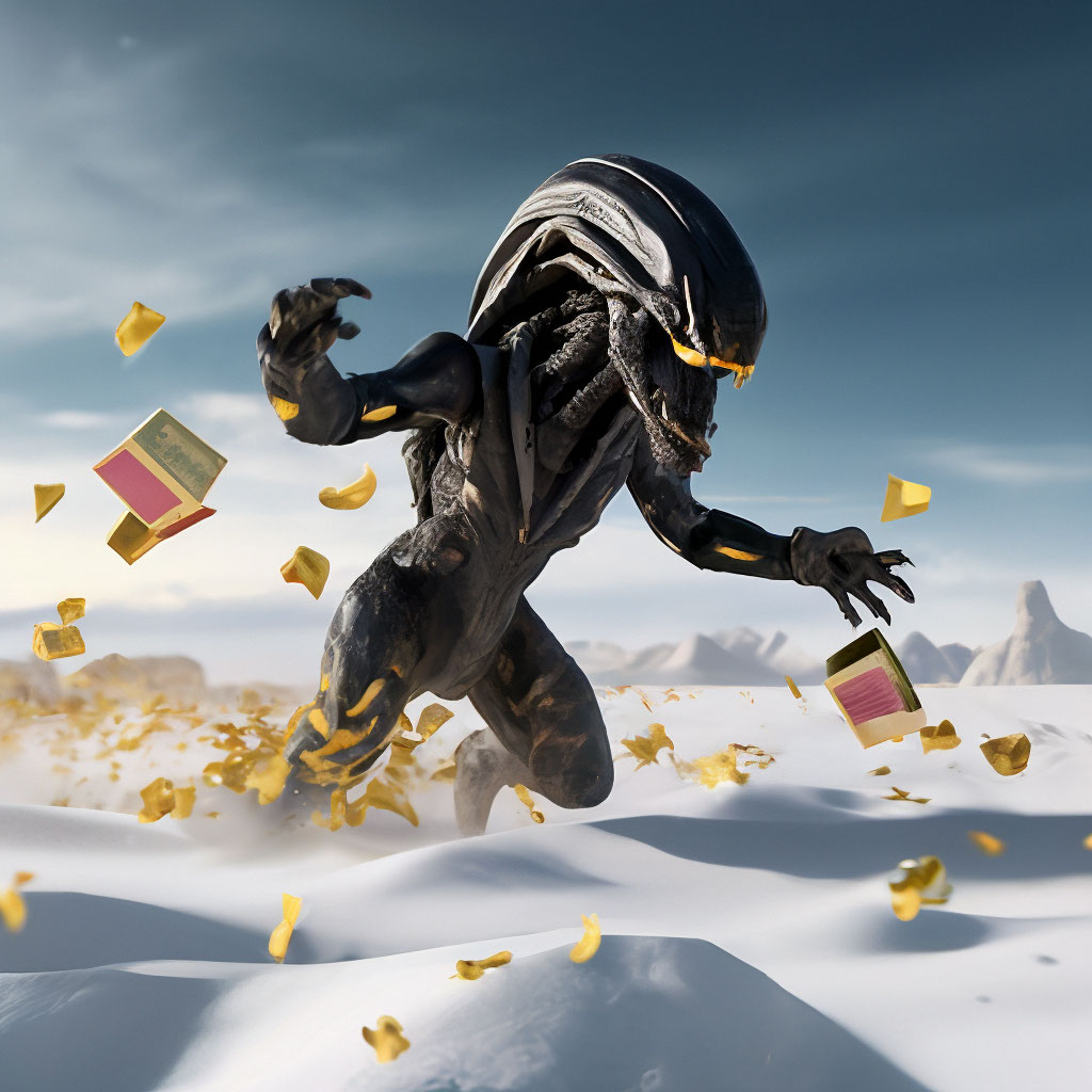 "In the middle of a snow-white desert, a black large xenomorph jumps ...