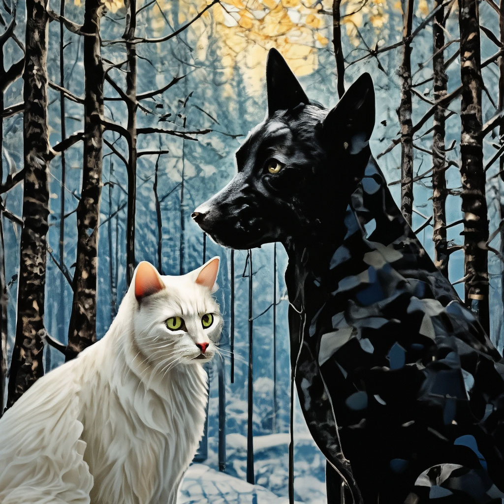 "Dadaism Modern Art Nouveau winter, detailing, forest, white cat ...