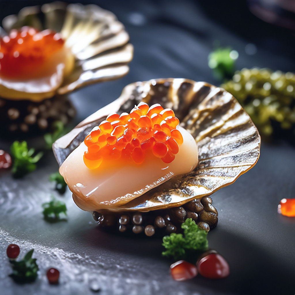 "Scallop with dehydrated caviar, restaurant serving, beautiful ...