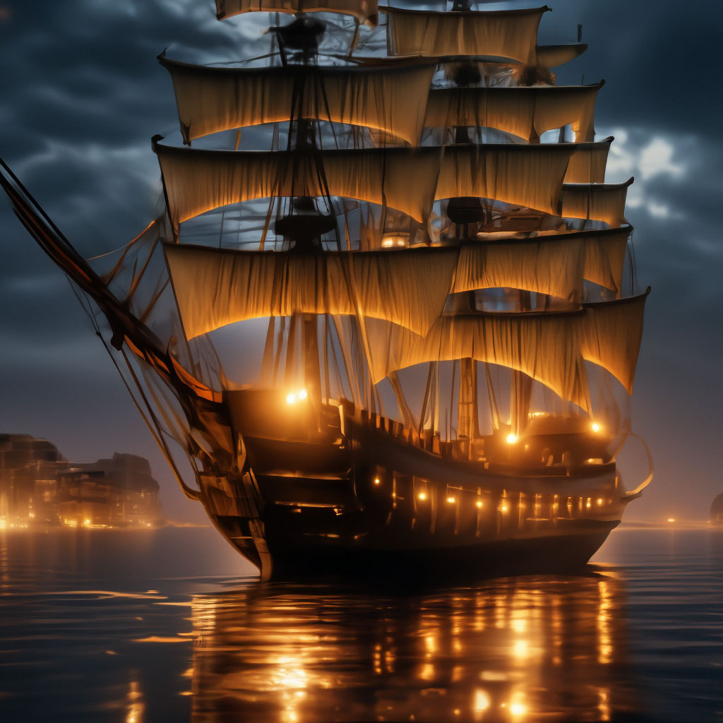 "Under the light of the lanterns, a sailing ship at night, its sails ...