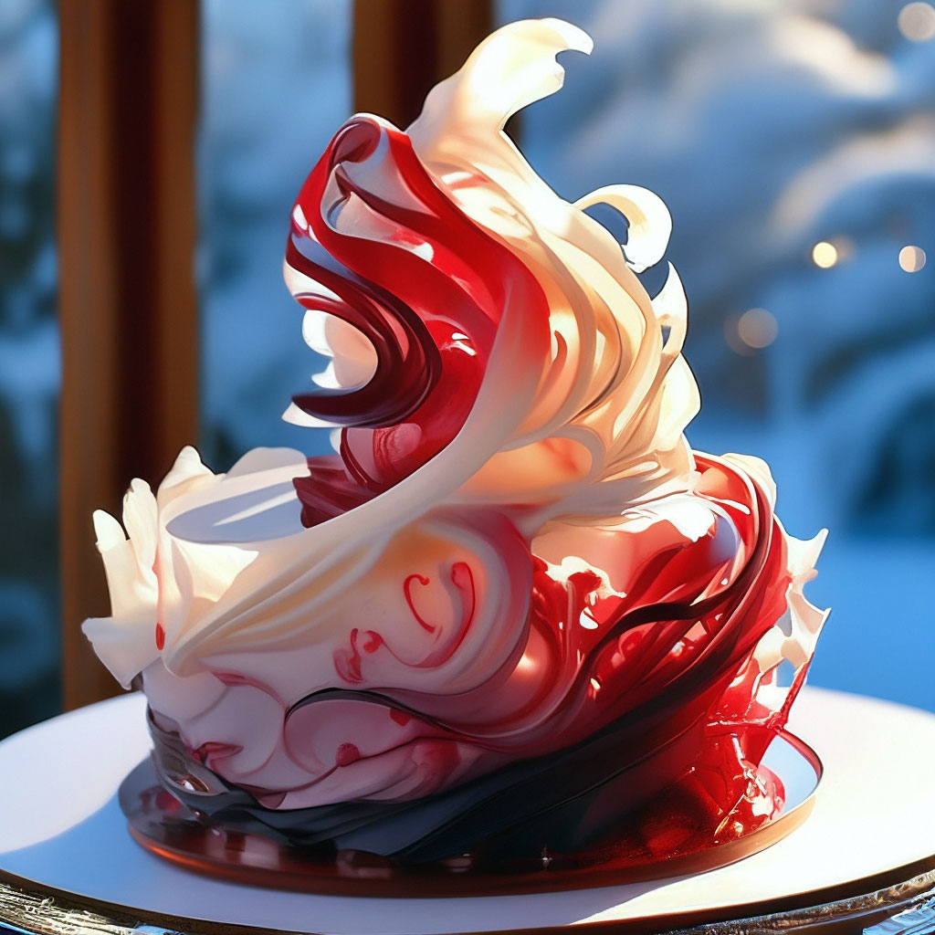 "Cake of unusual shape, top view, translucent, waves, curves of chiffon ...