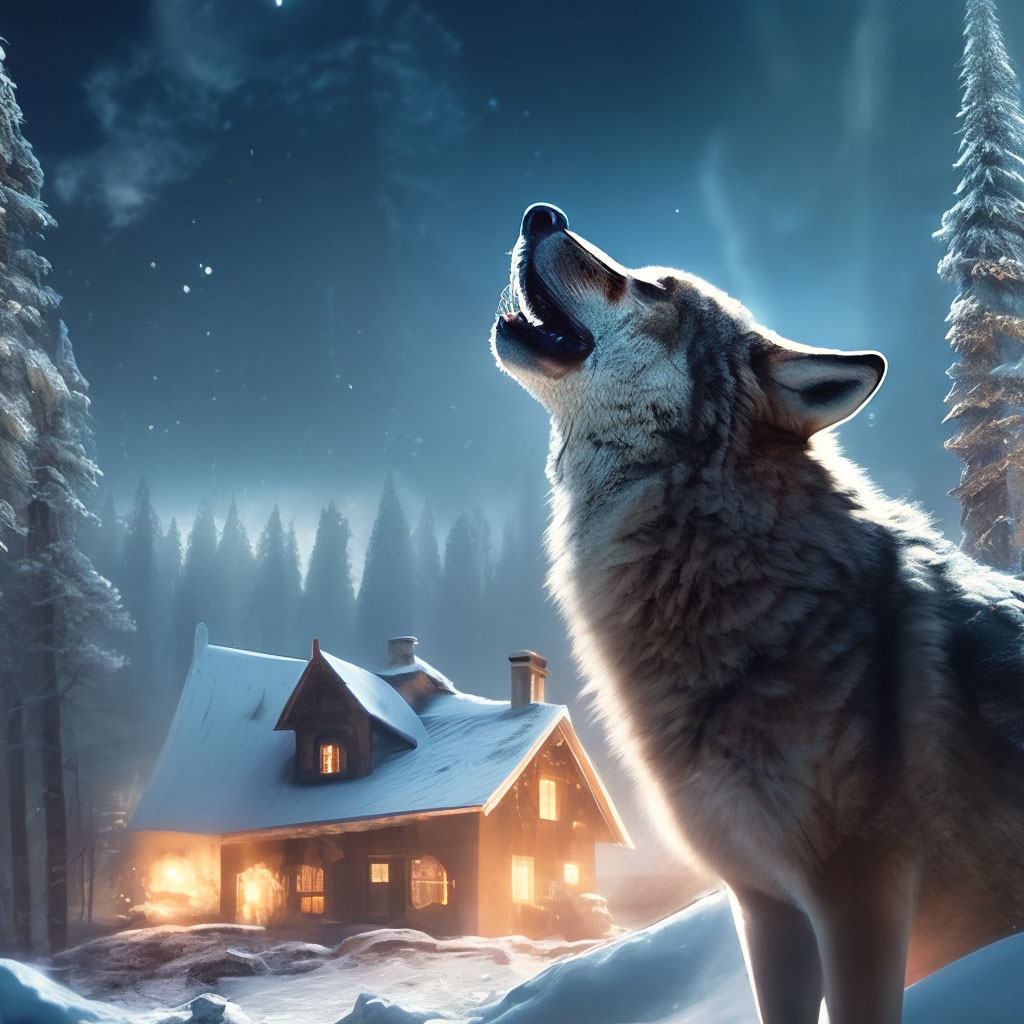 "A house on the edge of the forest in winter, smoke from a chimney, and ...