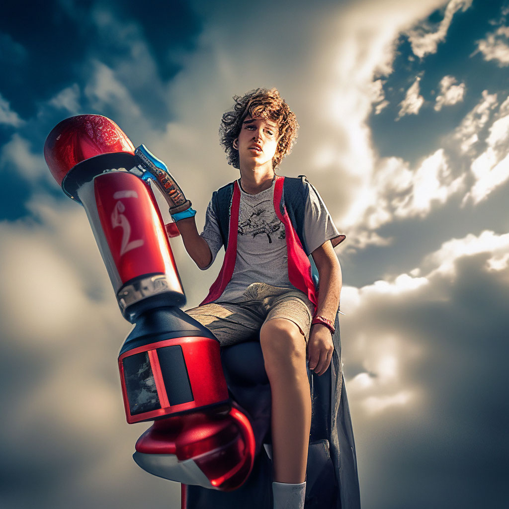 "A teenager on a flying vacuum cleaner in the sky. in his hands he ...
