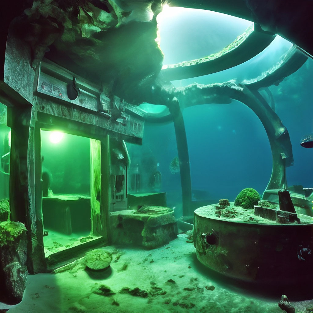 "An abandoned collapsing underwater laboratory, mold, green dark ...