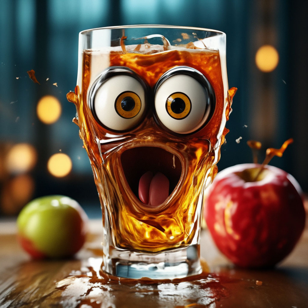 "Creep funny bug-eyed glass of apple juice, funny caricature, splash ...
