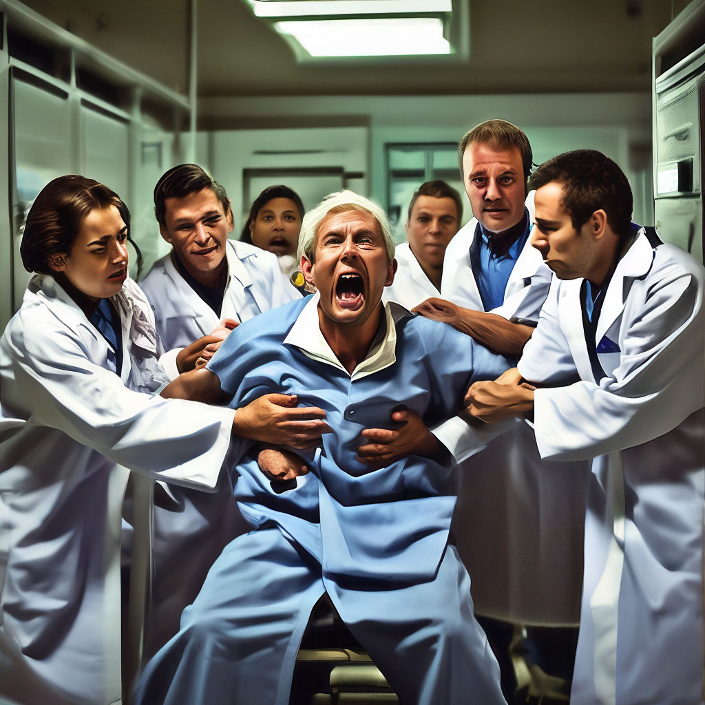 "Doctors are holding a psychotic patient by force" — image created in ...