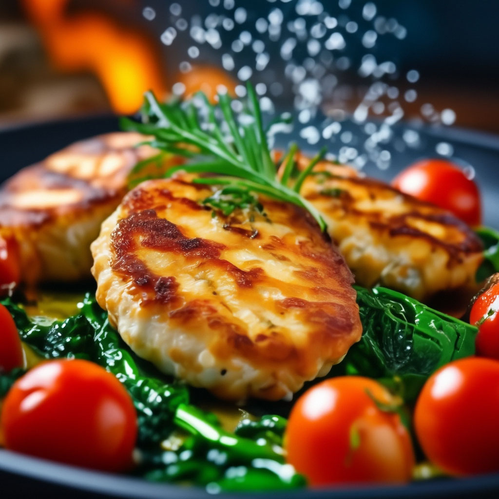 "Close-up, steaming appetizing chicken cutlets in French greens, cherry ...