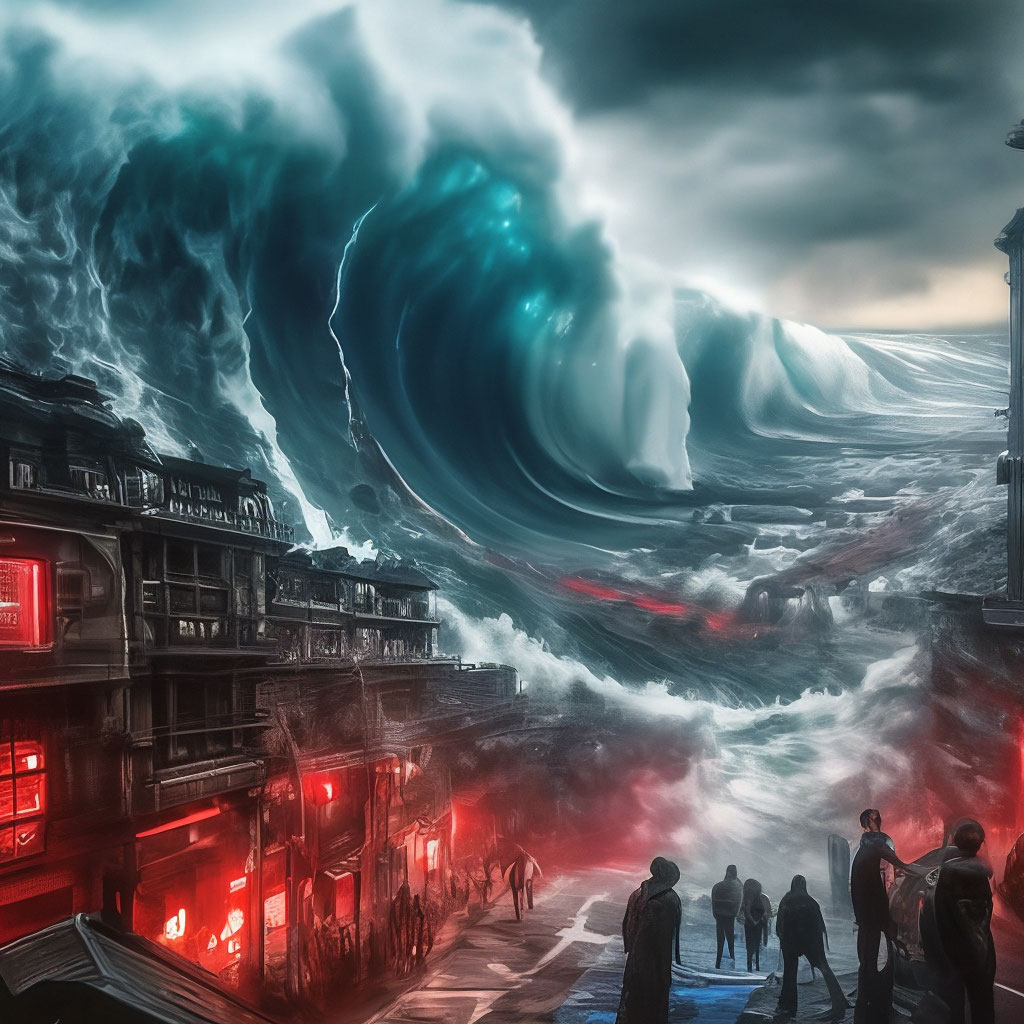 "A powerful tsunami covers the city, realism, 64k, horror aesthetics ...