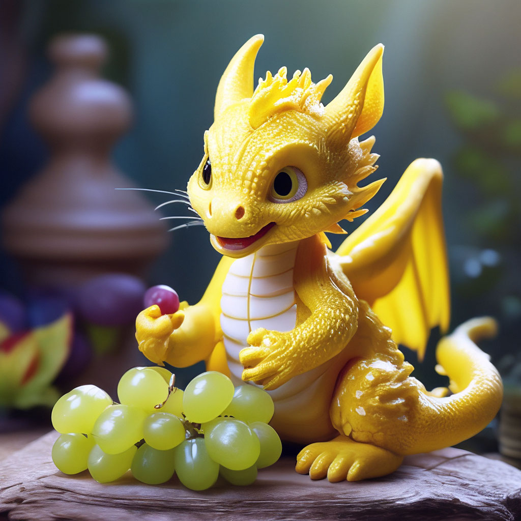 "Cute yellow dragon eating grapes" — image created in Shedevrum