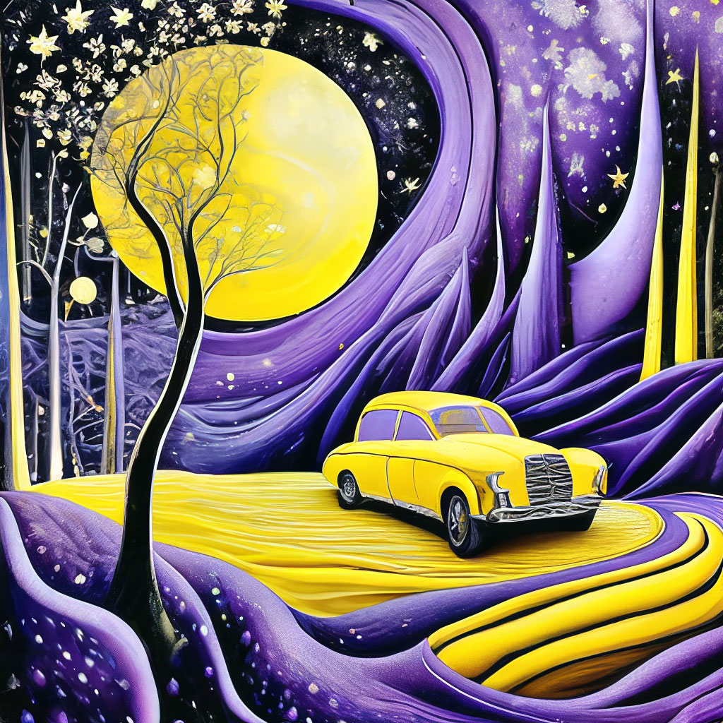 "Yellow car, black, lilac, surreal landscape in the style of Dali, epic ...