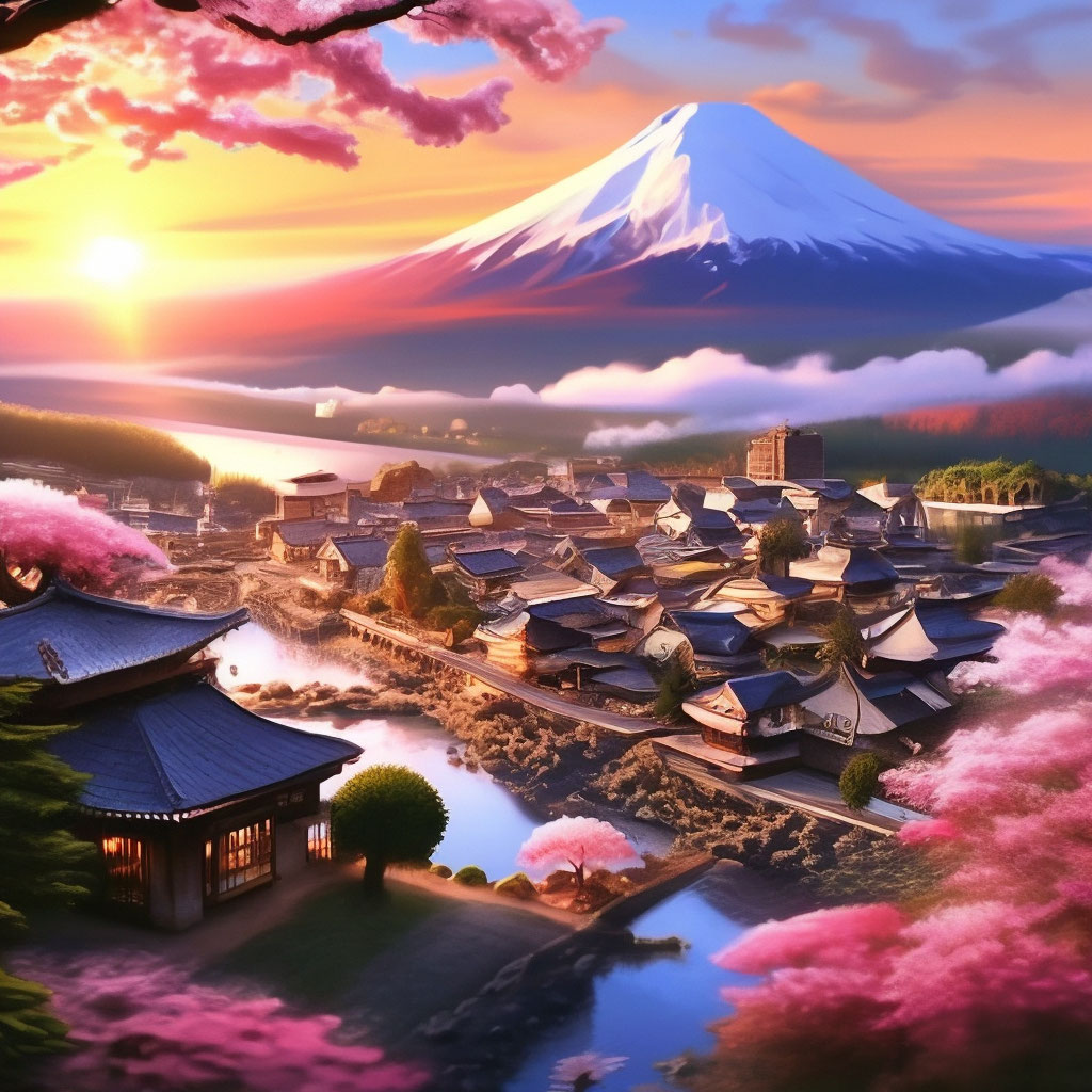 "Japan+morning + dawn + rays of the sun+ city, houses, sakura, town ...
