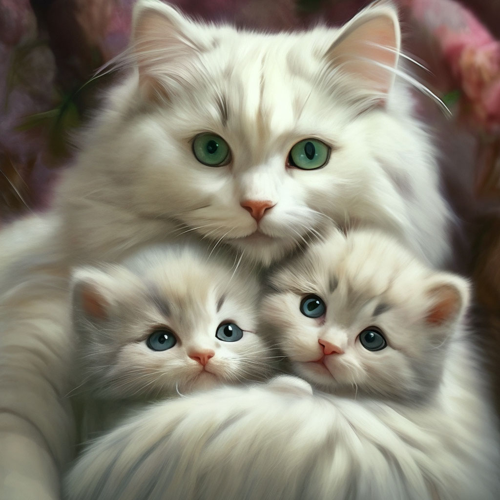 "Very fluffy cat mom hugs her little fluffy kittens with her paws ...