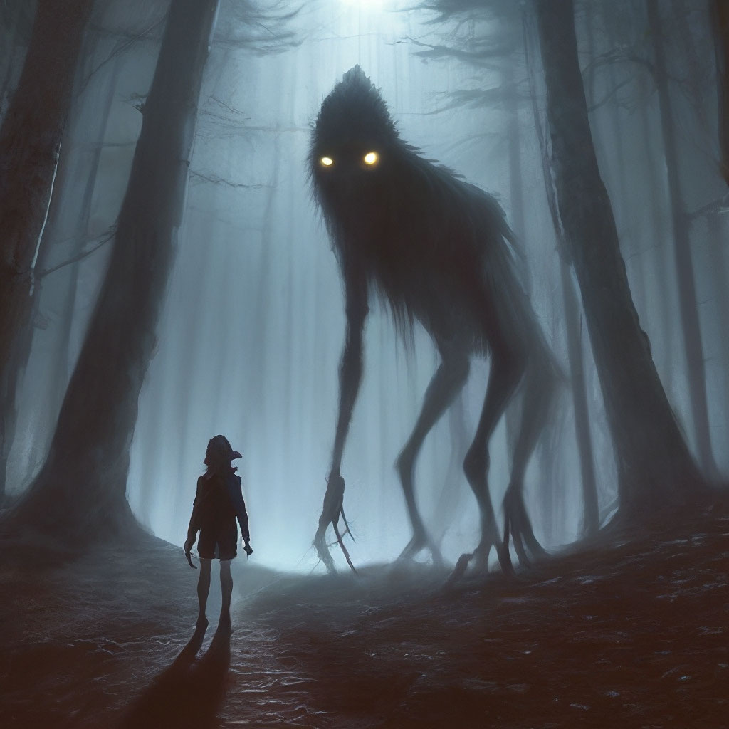 "At night, a terrible thin long humanoid creature looks out of the ...