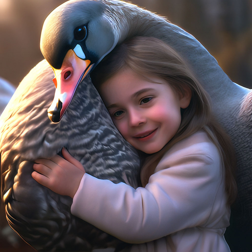 "Goose-hug a huge goose hugs a girl with its wings, aesthetically ...