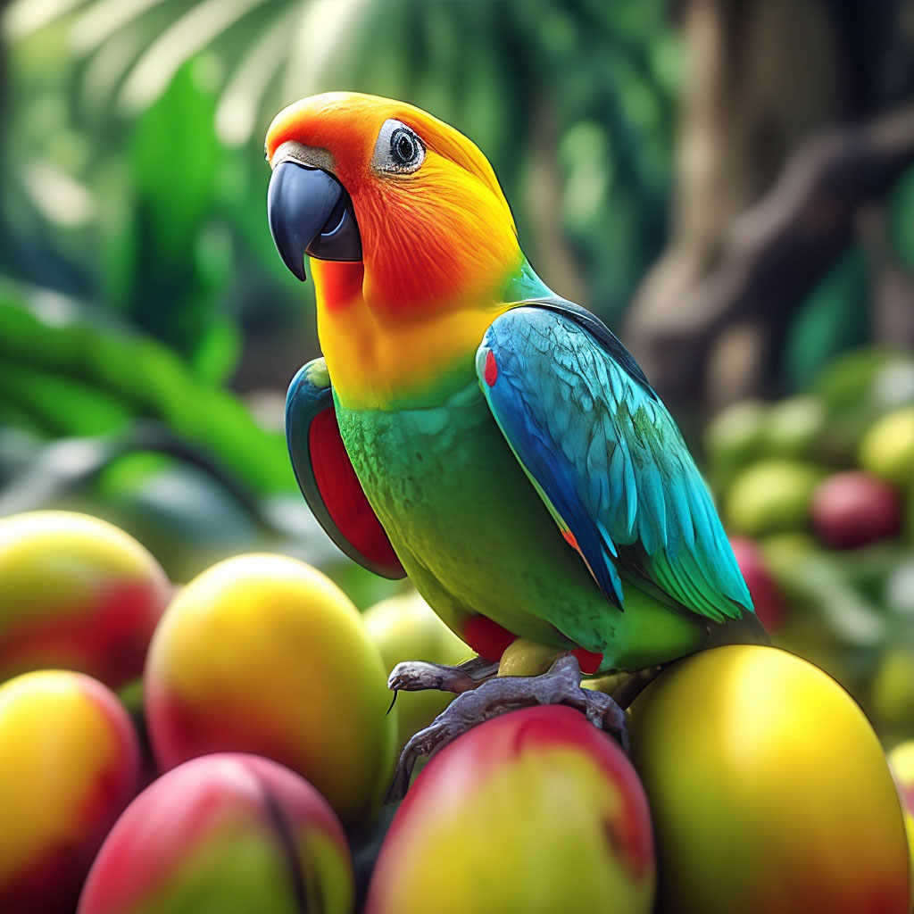 "🦜 A small beautiful parrot hidden among a large mango mountain, 48k ...