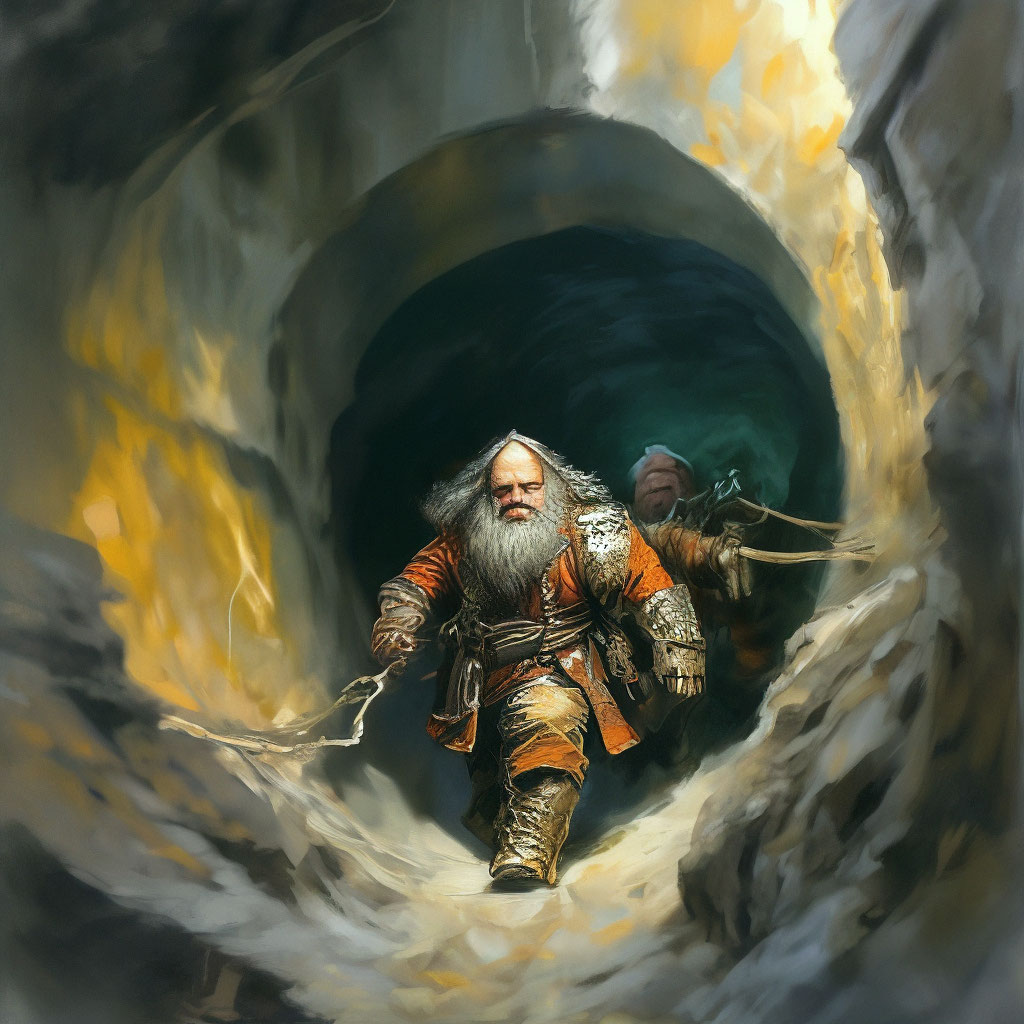 "Dwarf miner descends into the tunnel on a rope , dwarven dungeon, mine ...