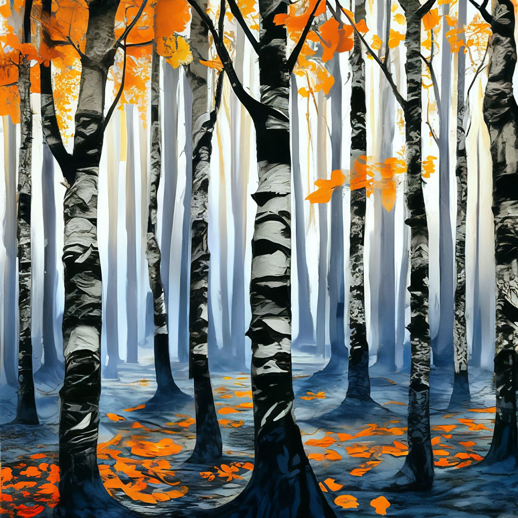 "Birch trees, tree trunks are woven, forest, deep shadows, autumn ...