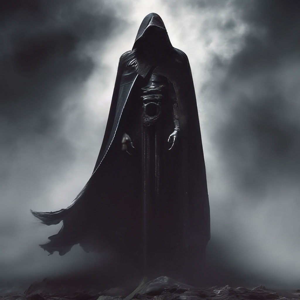 "Angel of death, black cloak, dark silhouette, dark tones, horror ...
