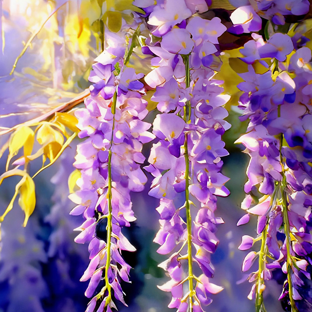 "Wisteria wet watercolor fine drawing, photorealism, translucent petals ...