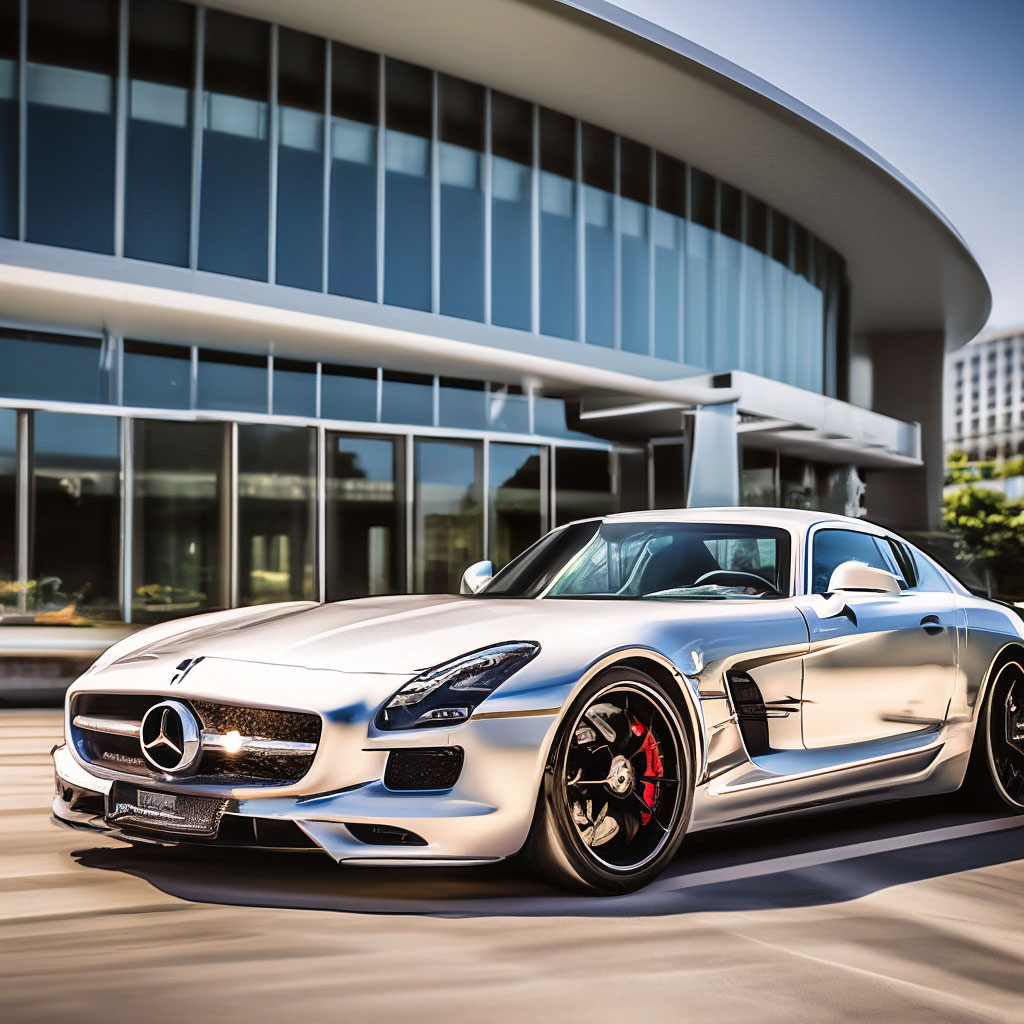 "Mercedes Benz SLS AMG in front of the business center, glare" — image ...