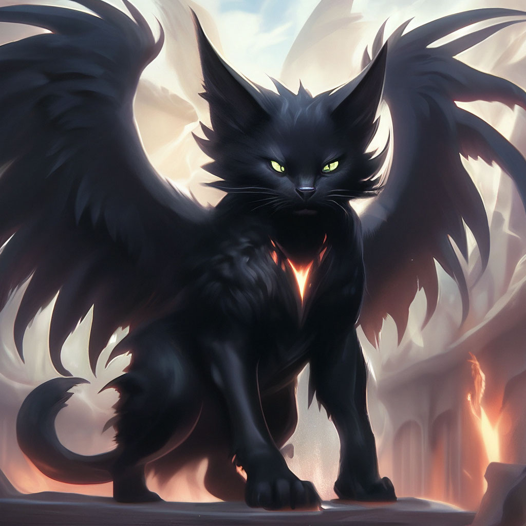 "A black demon cat with big black wings" — image created in Shedevrum