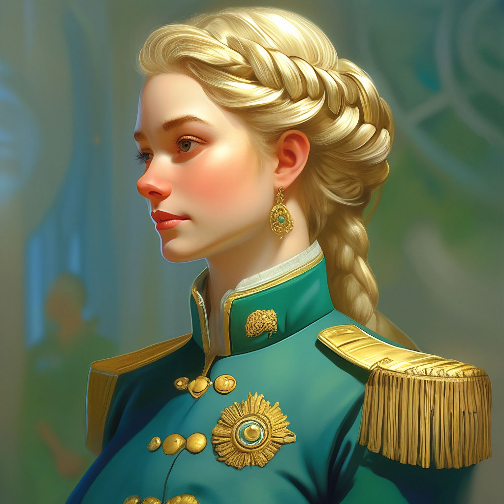 "Portrait a female human early 20s, braided blonde hair to one side ...