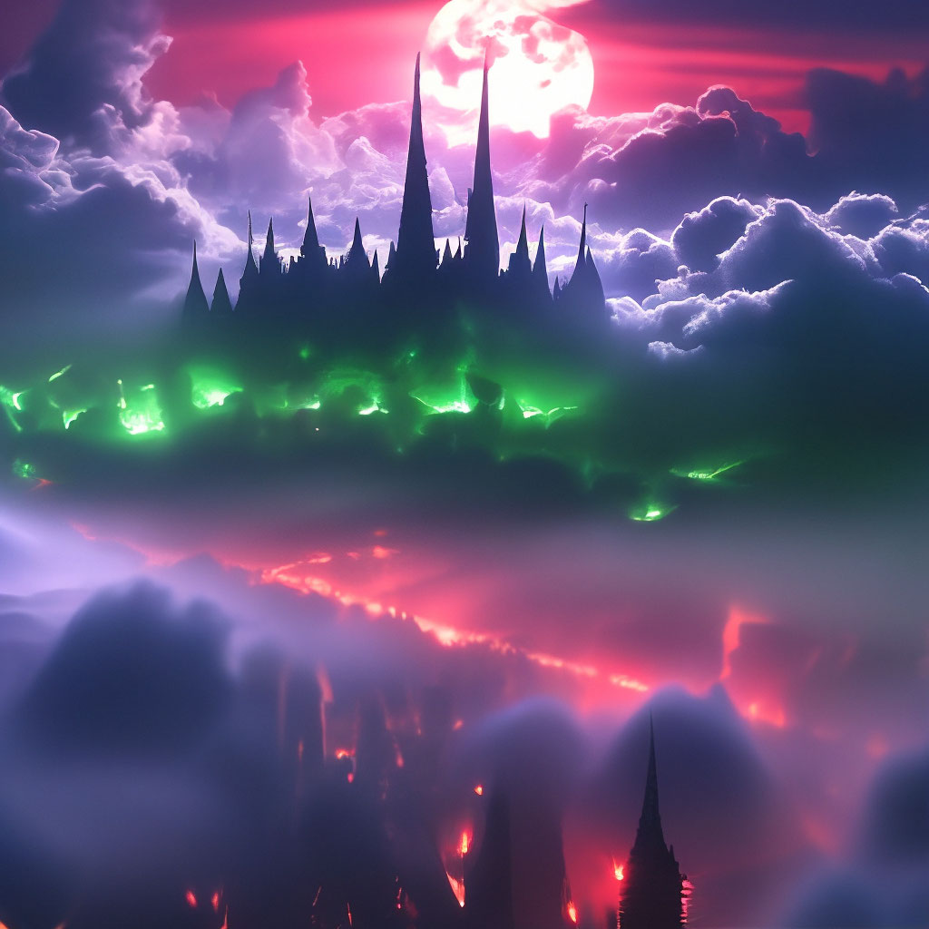 "City in clouds in gothic style, night, dark, red moon behind, greenish fog, …" — image created ...
