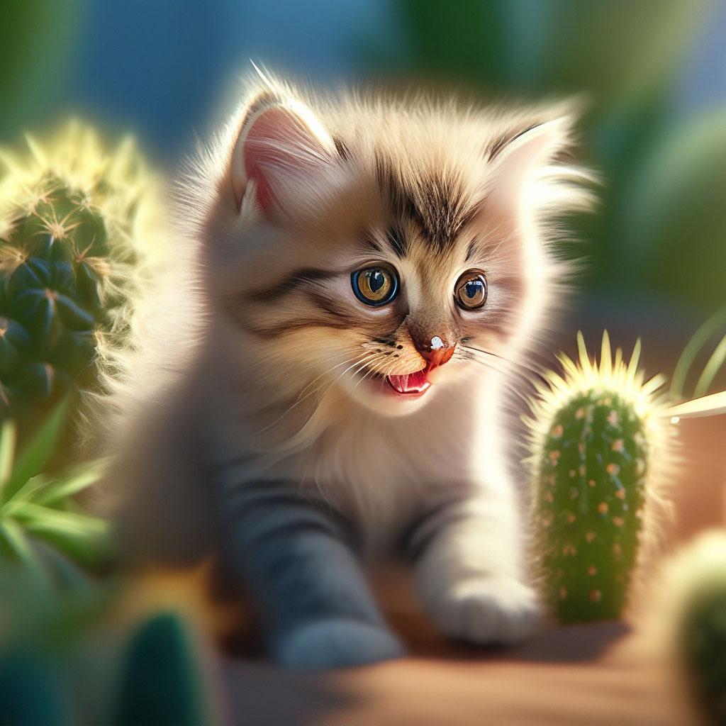 "Cute fluffy kitten eating cactus, realistic, beautiful, close-up ...