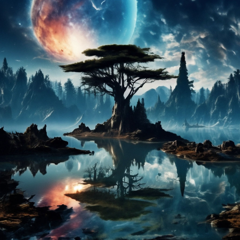 "Fantastic galaxy,planets, lake,cypresses" — image created in Shedevrum