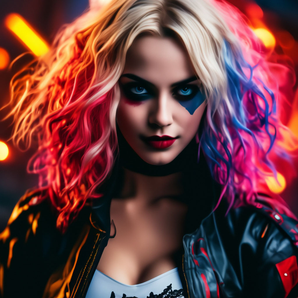 "Harley Quinn in a neo-punk style. bright colors. background of a ...