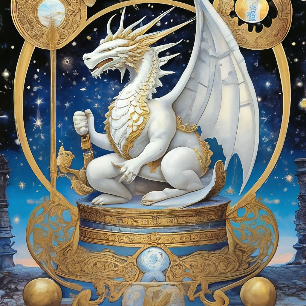 "The White Dragon. A tarot card sits on a throne that stands on the ...