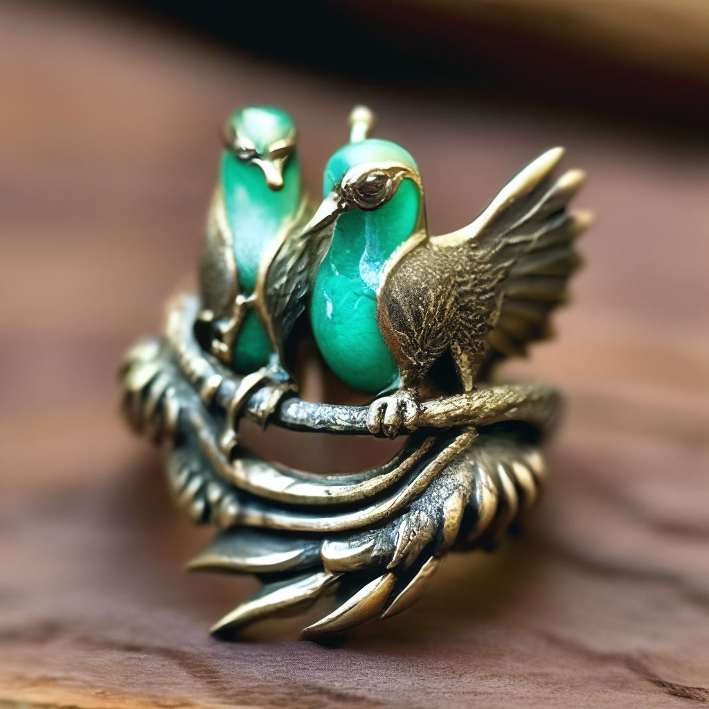 "An antique ring. two birds holding a large chiastolite with both wings ...