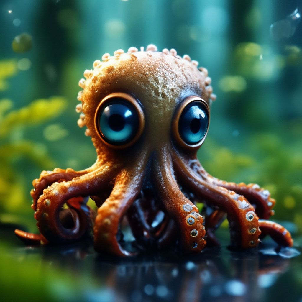 "Cute forest octopus,anthropomorphic, huge eyes, dew, mysticism,fantasy ...