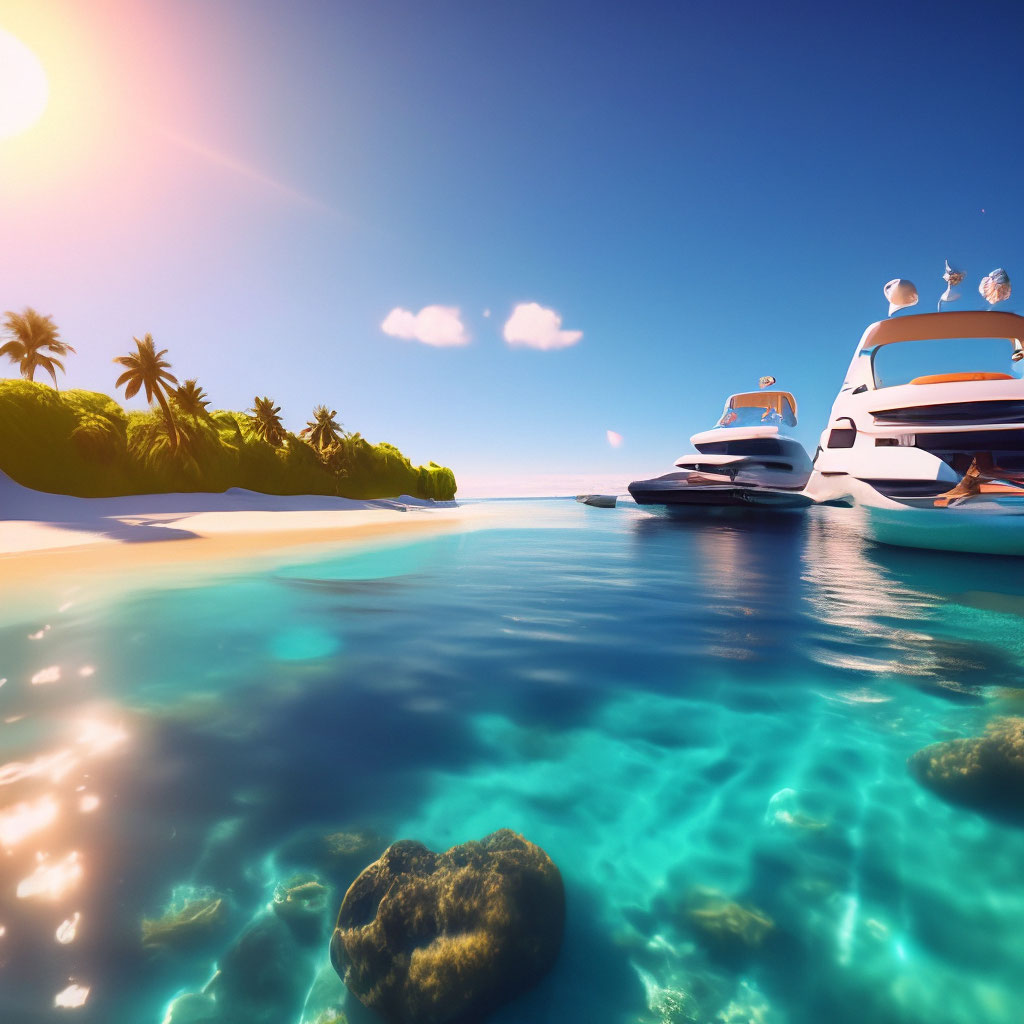 "Maldives beach, lots of yachts, bright sun, aesthetically pleasing ...