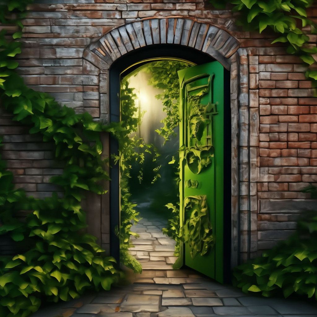 "An open green door in a brick wall, ivy curls, leads to a fabulous ...