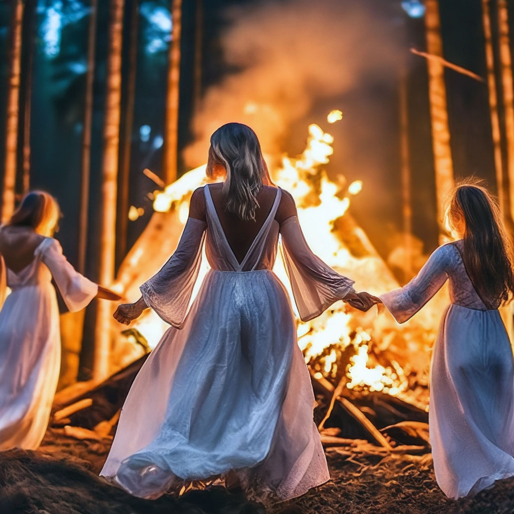 "A huge bonfire is burning in the forest at night, a girl in a white ...