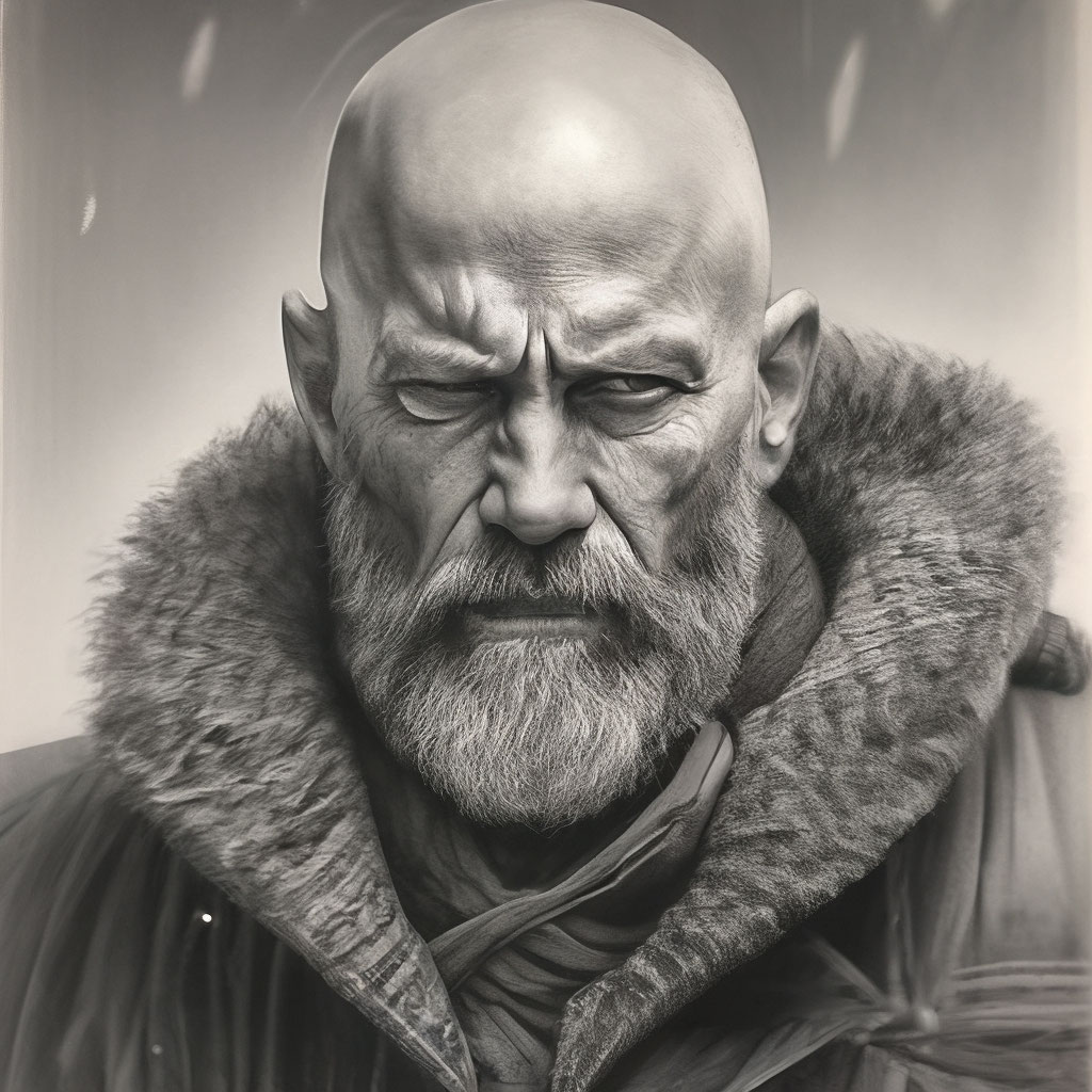 "Bald , healthy , bearded , old , angry look , scar ,steampunk , winter ...