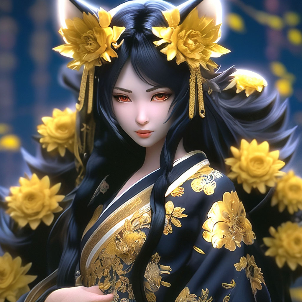 "Nogitsune.Evil.Wild Black Fox-Girl.realistic. Nine Realistic Tails ...