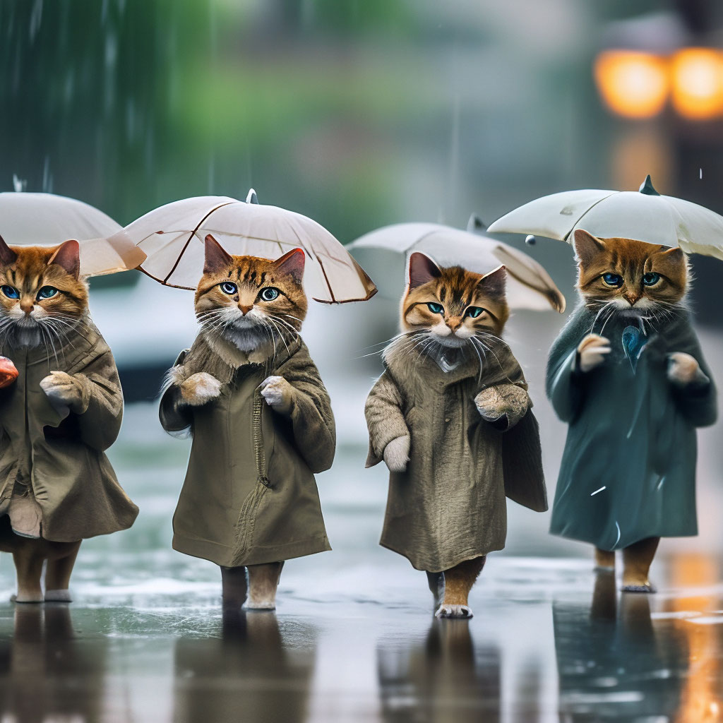 "Whimsical cats walking in the rain holding an umbrellas" — image ...