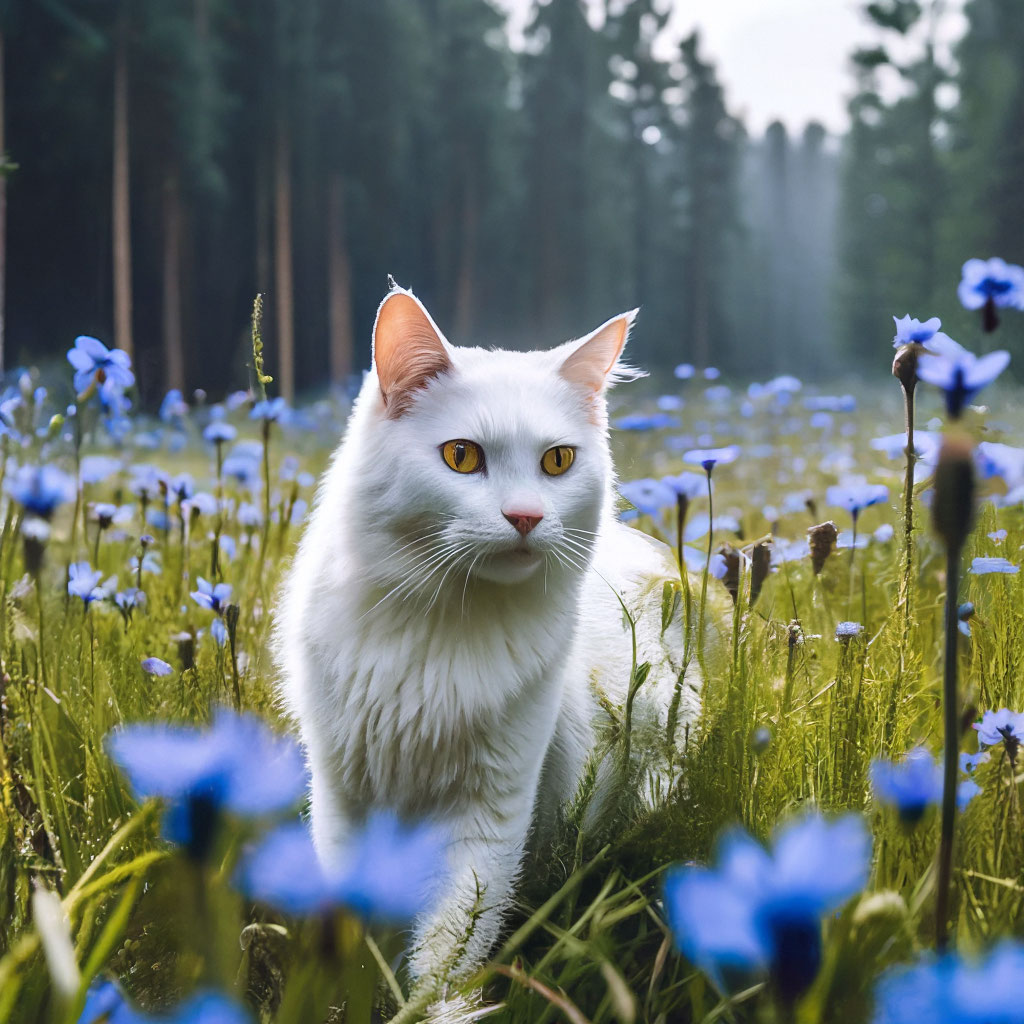 "A white cat in a field with cornflowers on the edge of a large forest ...