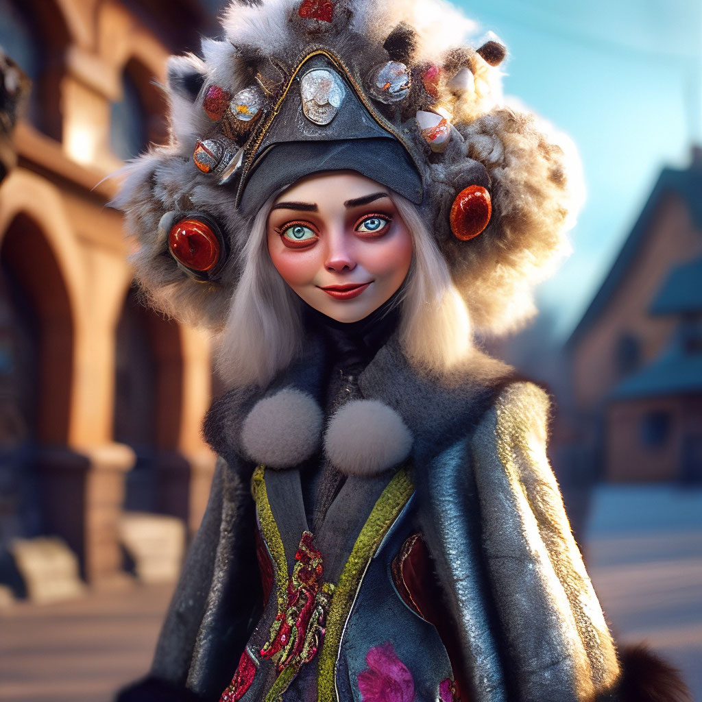 "Creep funny bug-eyed fluffy disheveled baba Yaga model walks around in ...