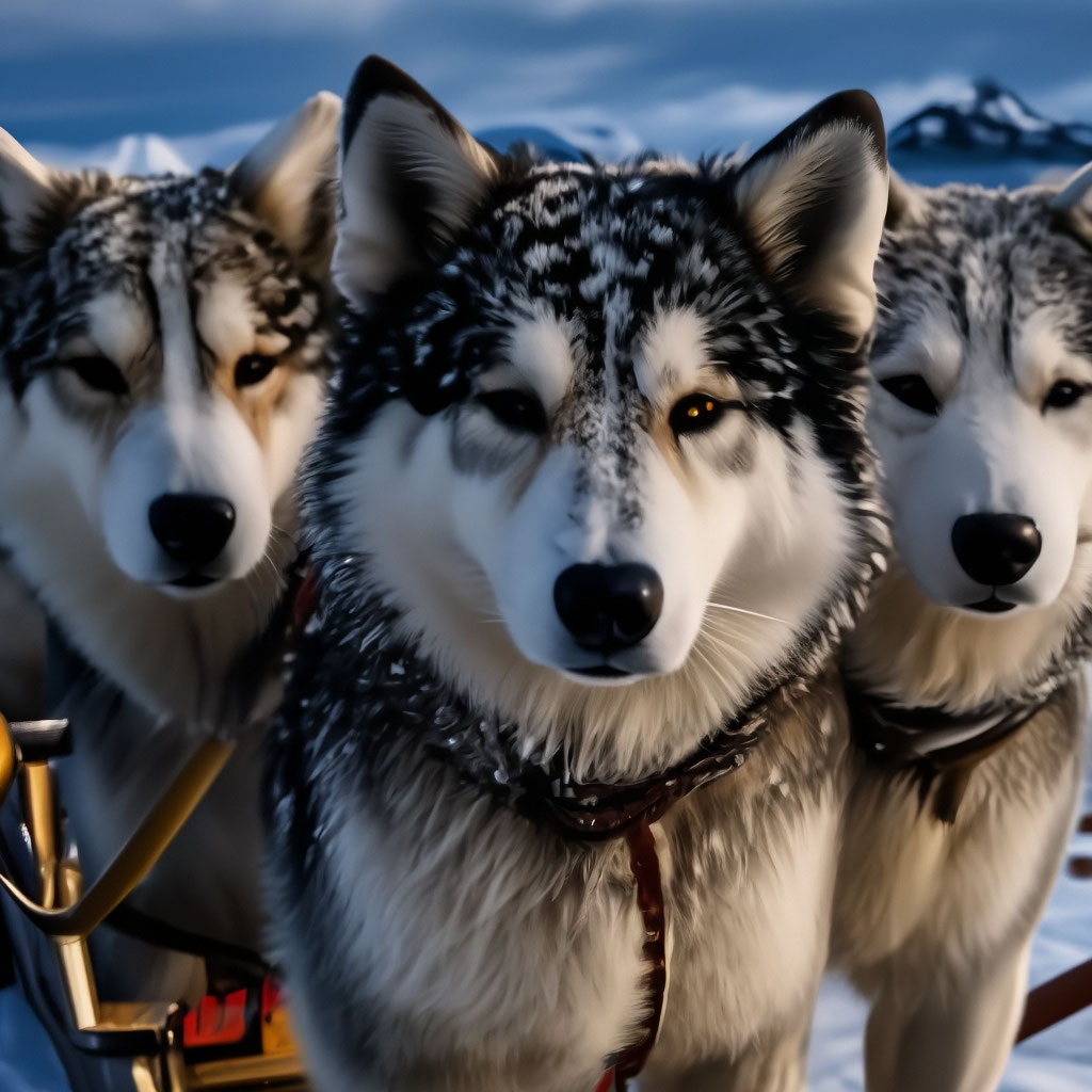"Three dogs in a sled, loaded sleigh , icy expanses of Antarctica ...
