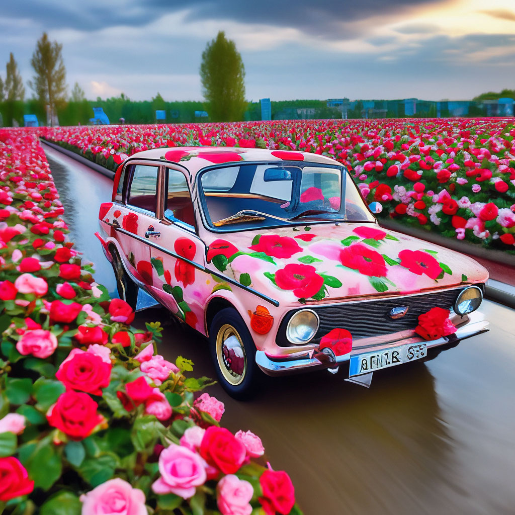"Lada VAZ-2109 is covered in roses" — image created in Shedevrum