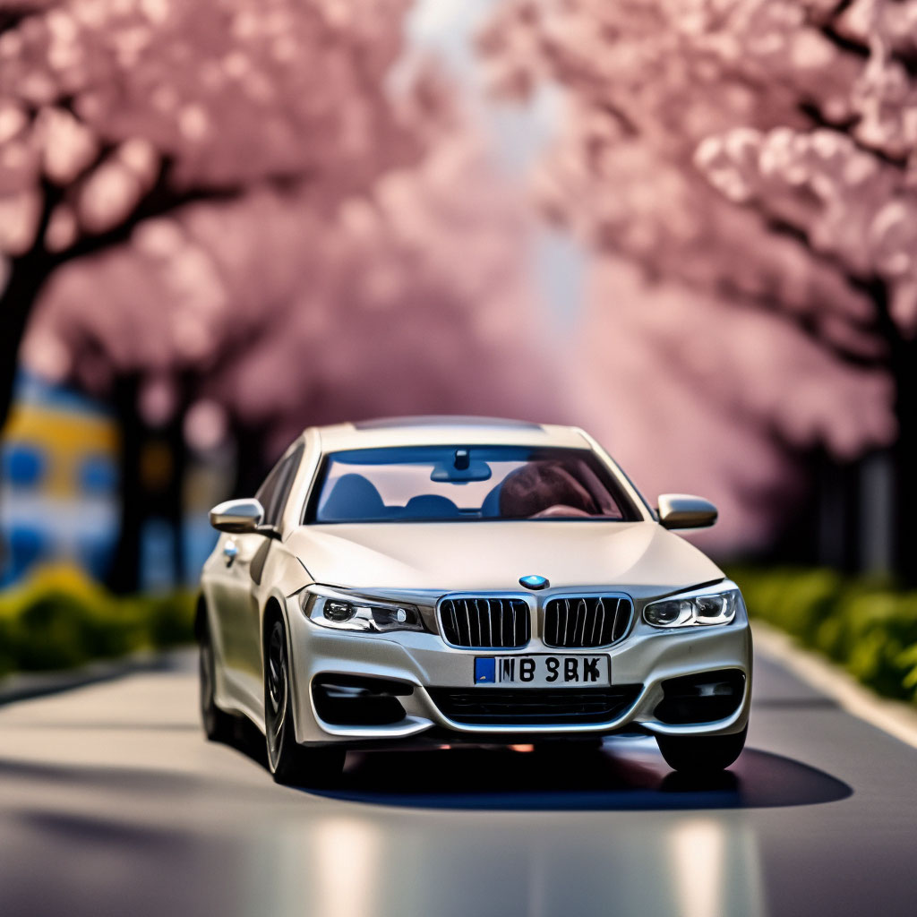"BMW rides on Chinese roads,cherry trees grow nearby, beautiful, 1/250s ...