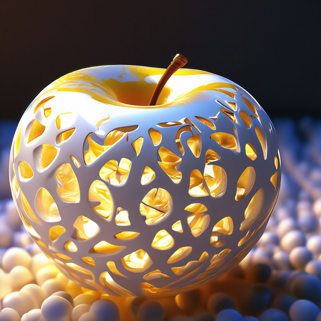 "Ivory and opal apple, disassembled into molecules, 1080k, 5d, lumens ...